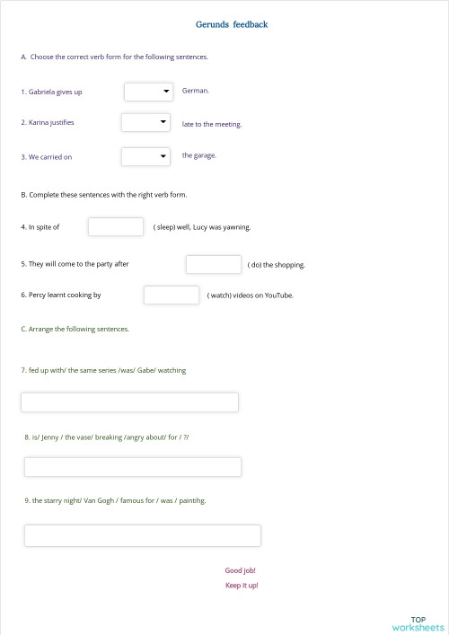 Gerunds feedback. Interactive worksheet | TopWorksheets