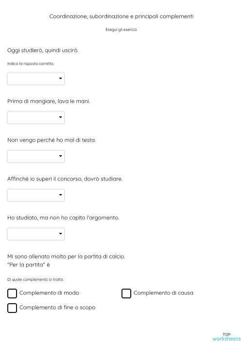 Coordinazione, subordinazione e principali complementi. Scheda interattiva | TopWorksheets