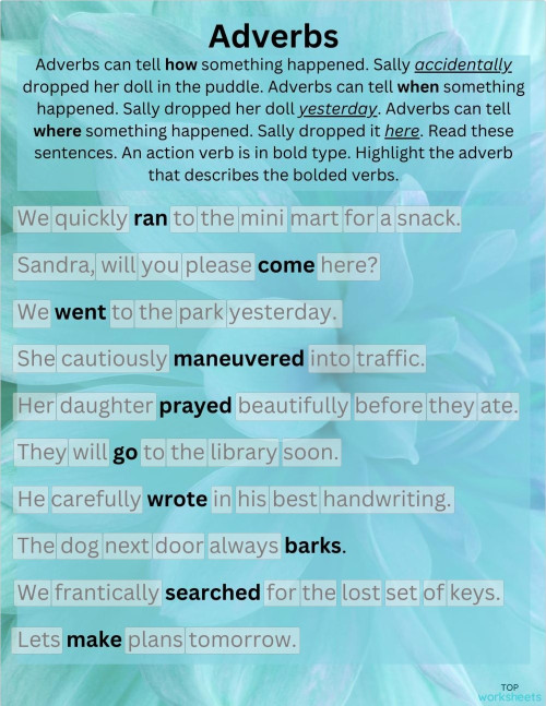 Adverbs and Action Verbs. Interactive worksheet | TopWorksheets