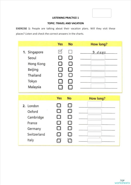 LISTENING PRACTICE: TRAVEL AND VACATION. Interactive worksheet ...
