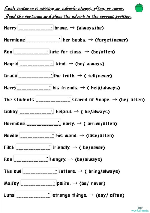frequency adverbs HP. Interactive worksheet | TopWorksheets