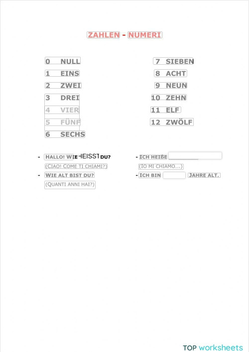 Zahlen - numeri. Interaktives Arbeitsblatt | TopWorksheets