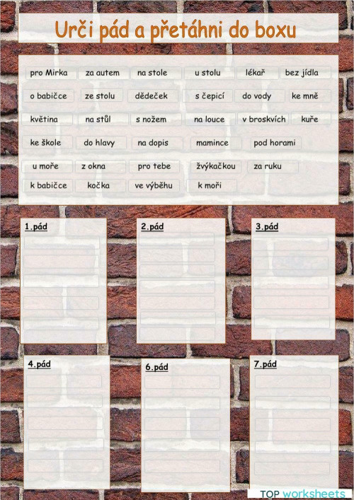 Pády - určování. Interaktivní pracovní list | TopWorksheets