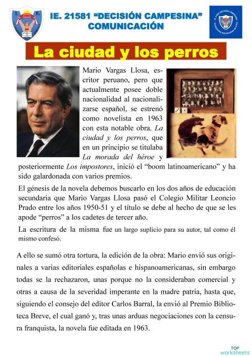 LA CIUDAD Y LOS PERROS. Ficha interactiva | TopWorksheets