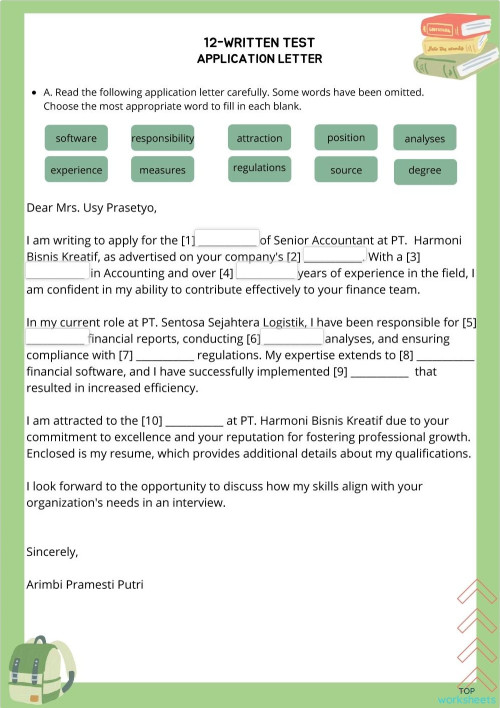 12-Written Test: Application Letter. Interactive worksheet | TopWorksheets