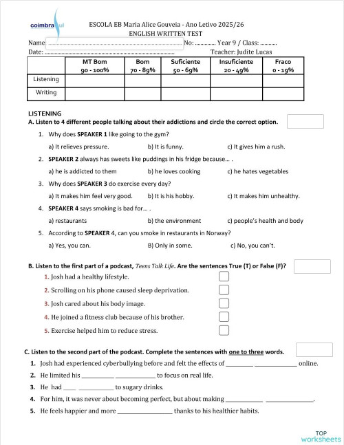 Listening Test, 9BC. Interactive worksheet | TopWorksheets