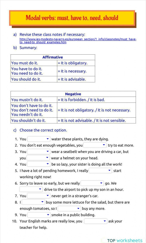 Modal verbs 1 - can, must, should. Interactive worksheet | TopWorksheets