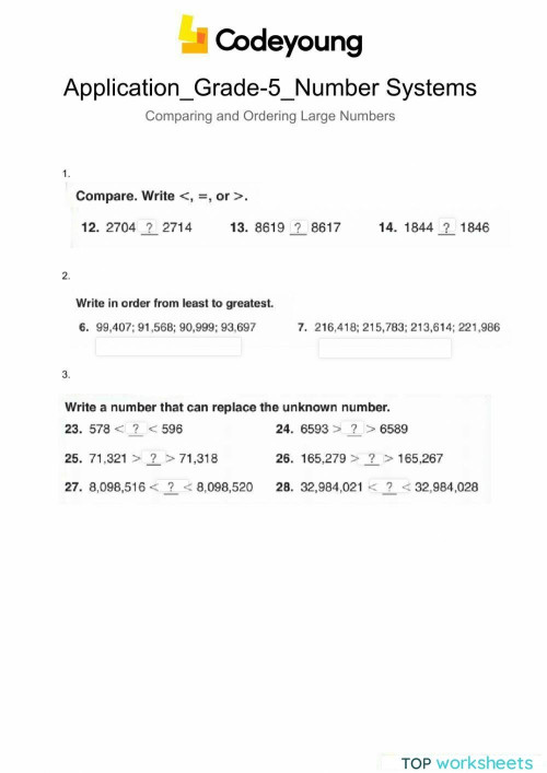Application-Comparing and Ordering Large Numbers. Interactive worksheet ...