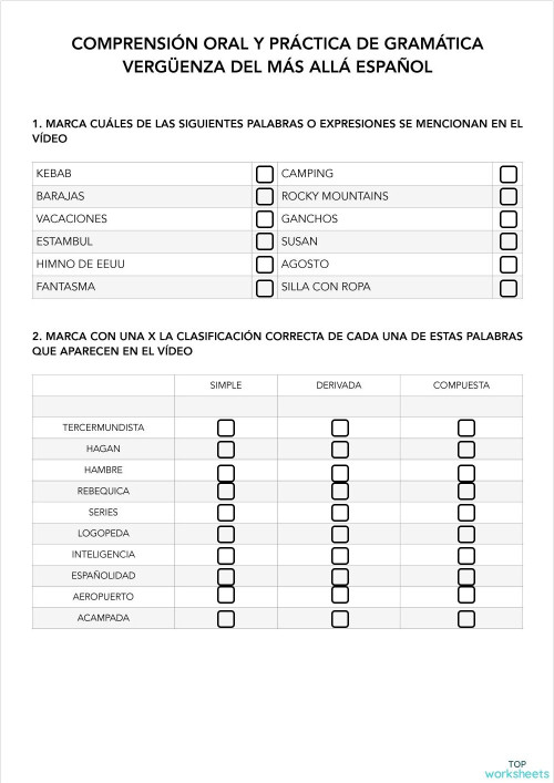 Comprensión oral: fichas interactivas y ejercicios online | TopWorksheets