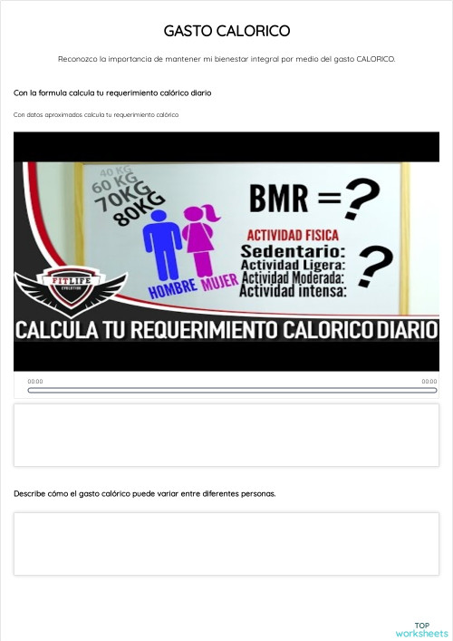 GASTO CALORICO. Ficha interactiva | TopWorksheets