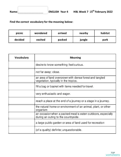 English W7 Vocabulary. Interactive worksheet | TopWorksheets