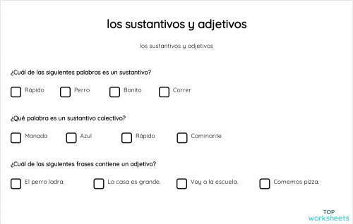 los sustantivos y adjetivos. Ficha interactiva | TopWorksheets