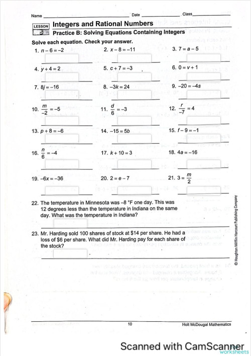 Lesson 2.5 Solving Equations Containing Integers (7th). Interactive ...
