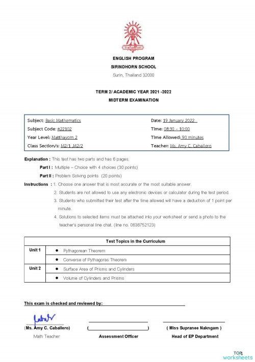 M2 Midterm Exam Term 2/2021. Interactive worksheet | TopWorksheets
