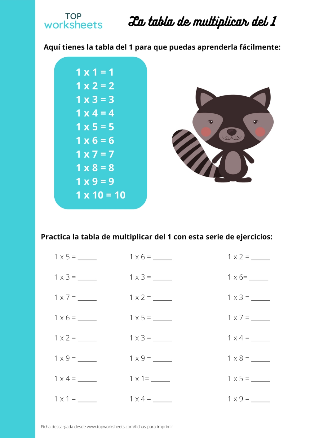 Ficha para imprimir: Tabla de multiplicar del 1 Página 1 | TopWorksheets