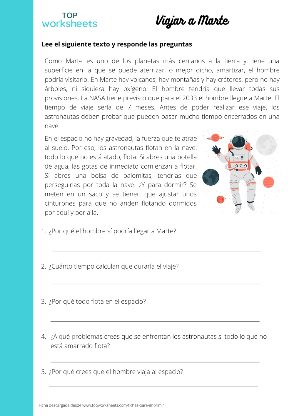Viajar a Marte, ficha para imprimir | TopWorksheets