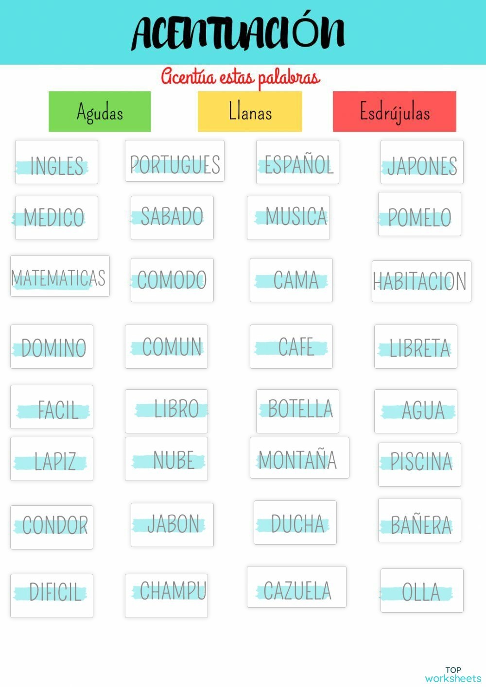 Acentuar palabras, ficha para imprimir | TopWorksheets