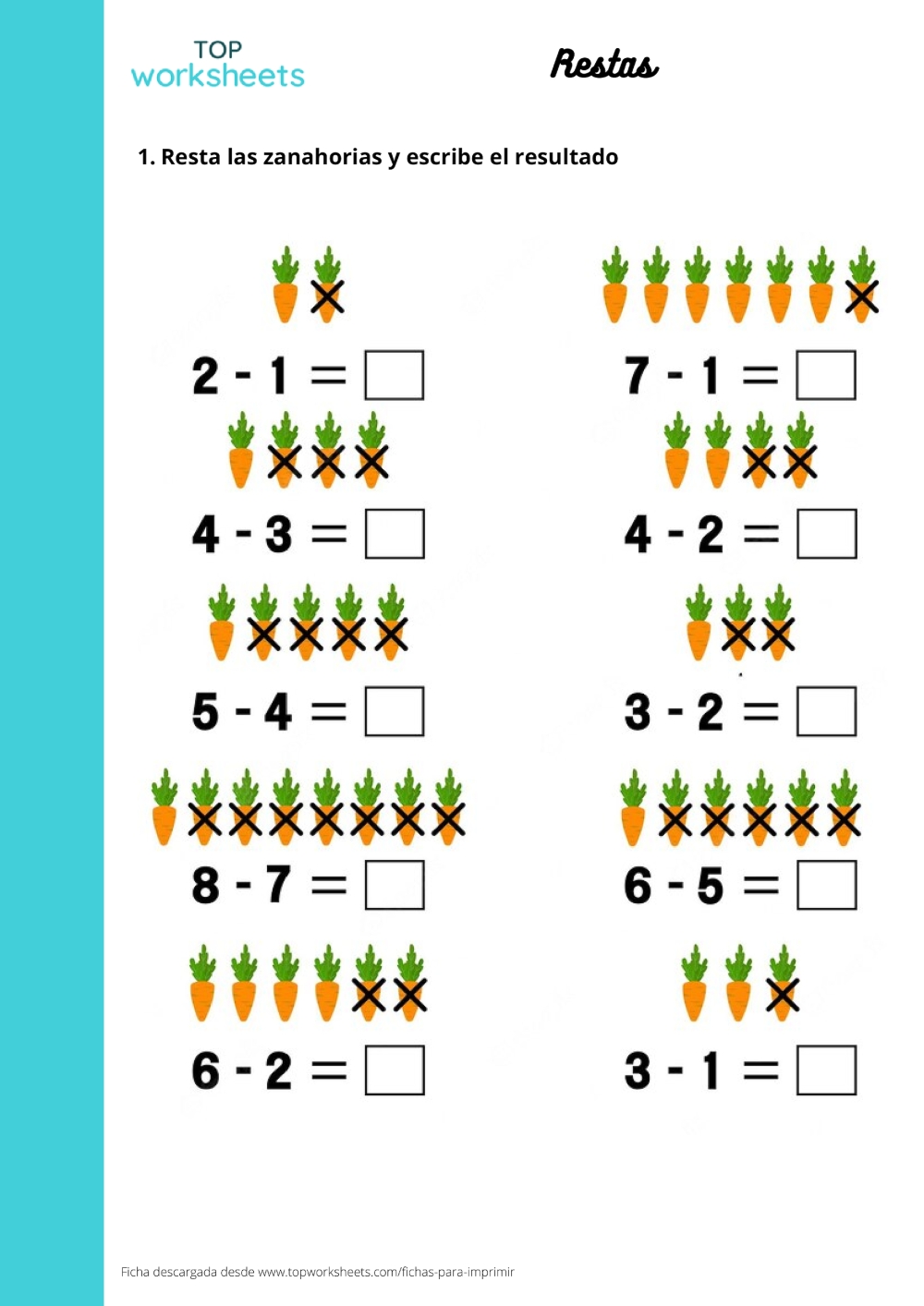 Ficha para imprimir: Restas con zanahorias Página 1 | TopWorksheets