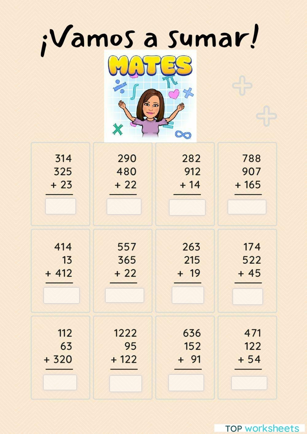 Sumas de 3 números, ficha para imprimir | TopWorksheets