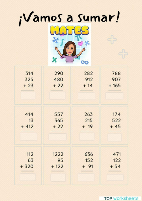 Sumas de 3 números, ficha para imprimir | TopWorksheets