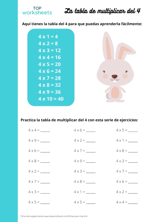 Tabla de multiplicar del 4, ficha para imprimir | TopWorksheets