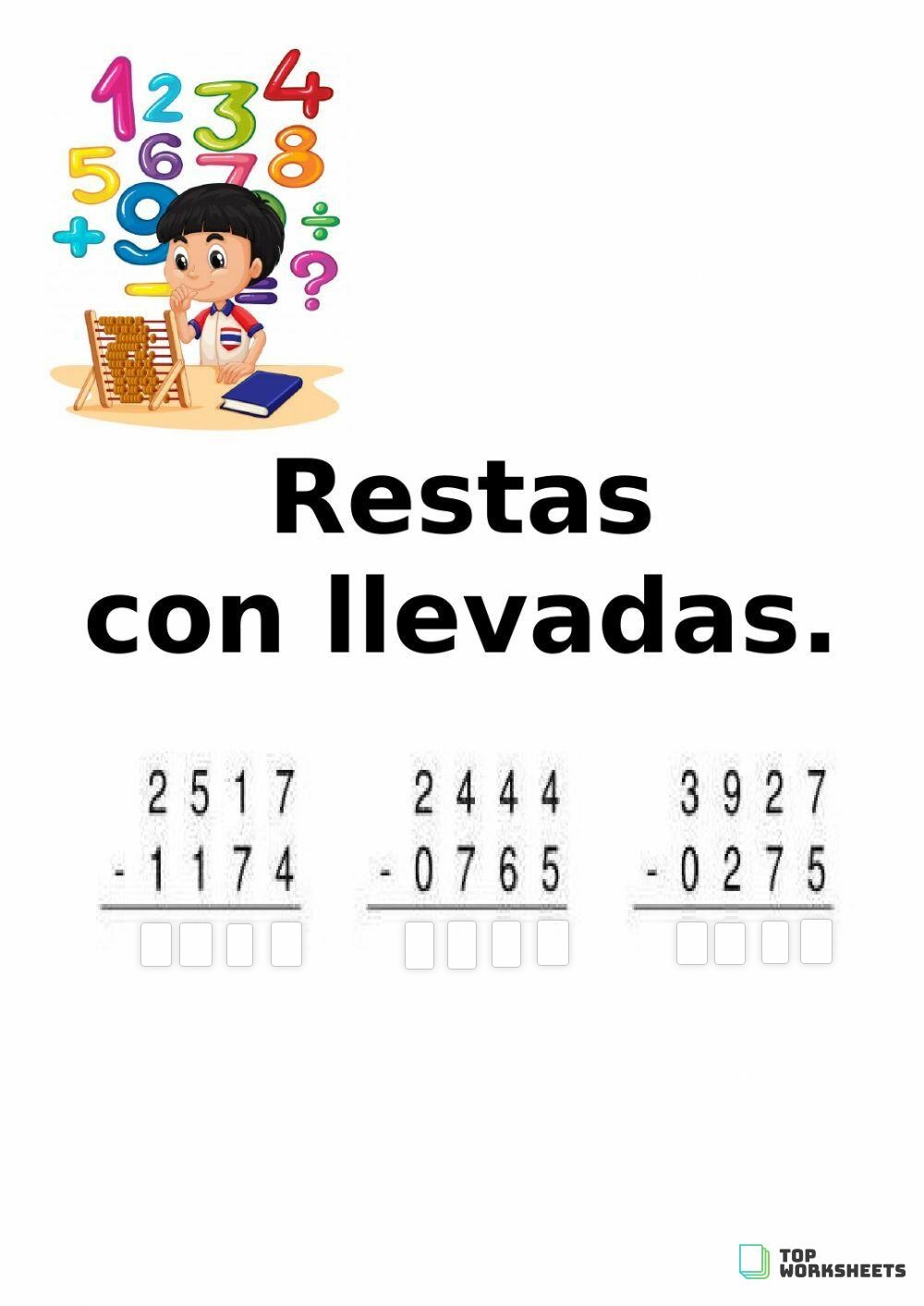 Restas con llevadas, ficha para imprimir | TopWorksheets