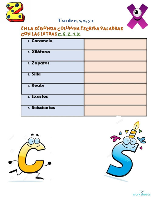 Ortografía c, s, z, y x, ficha para imprimir | TopWorksheets