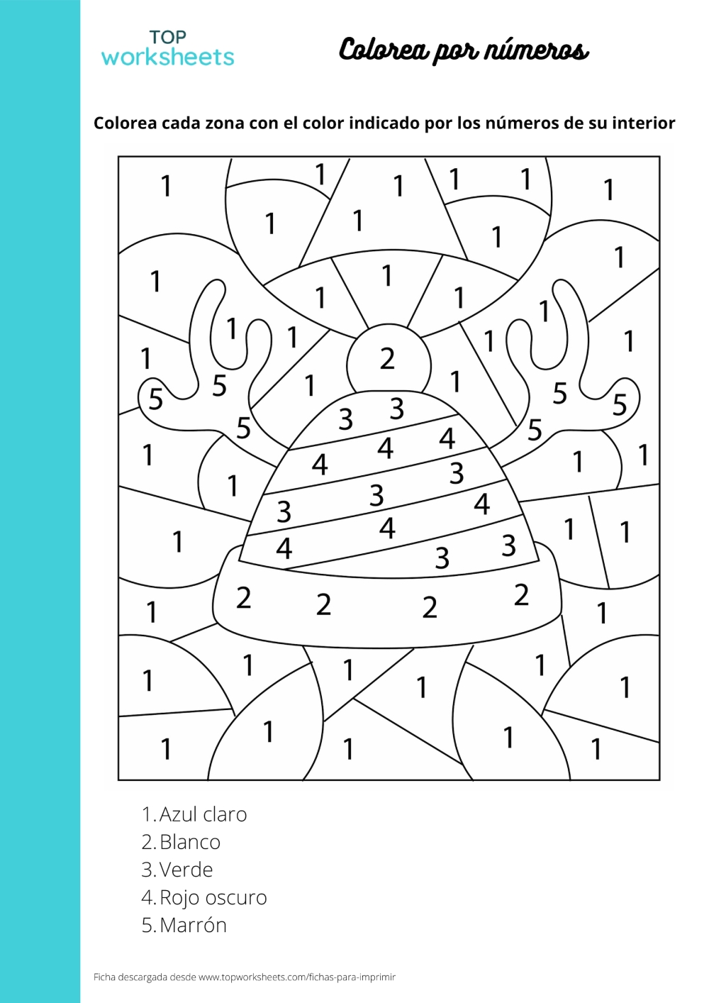 Colorea por números: gorro de reno, ficha para imprimir | TopWorksheets