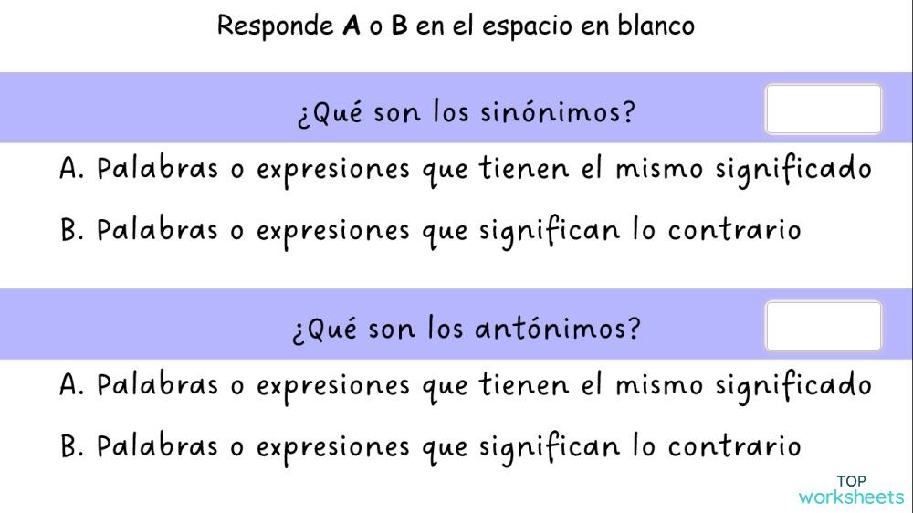 Sinónimos y antónimos, ficha para imprimir | TopWorksheets