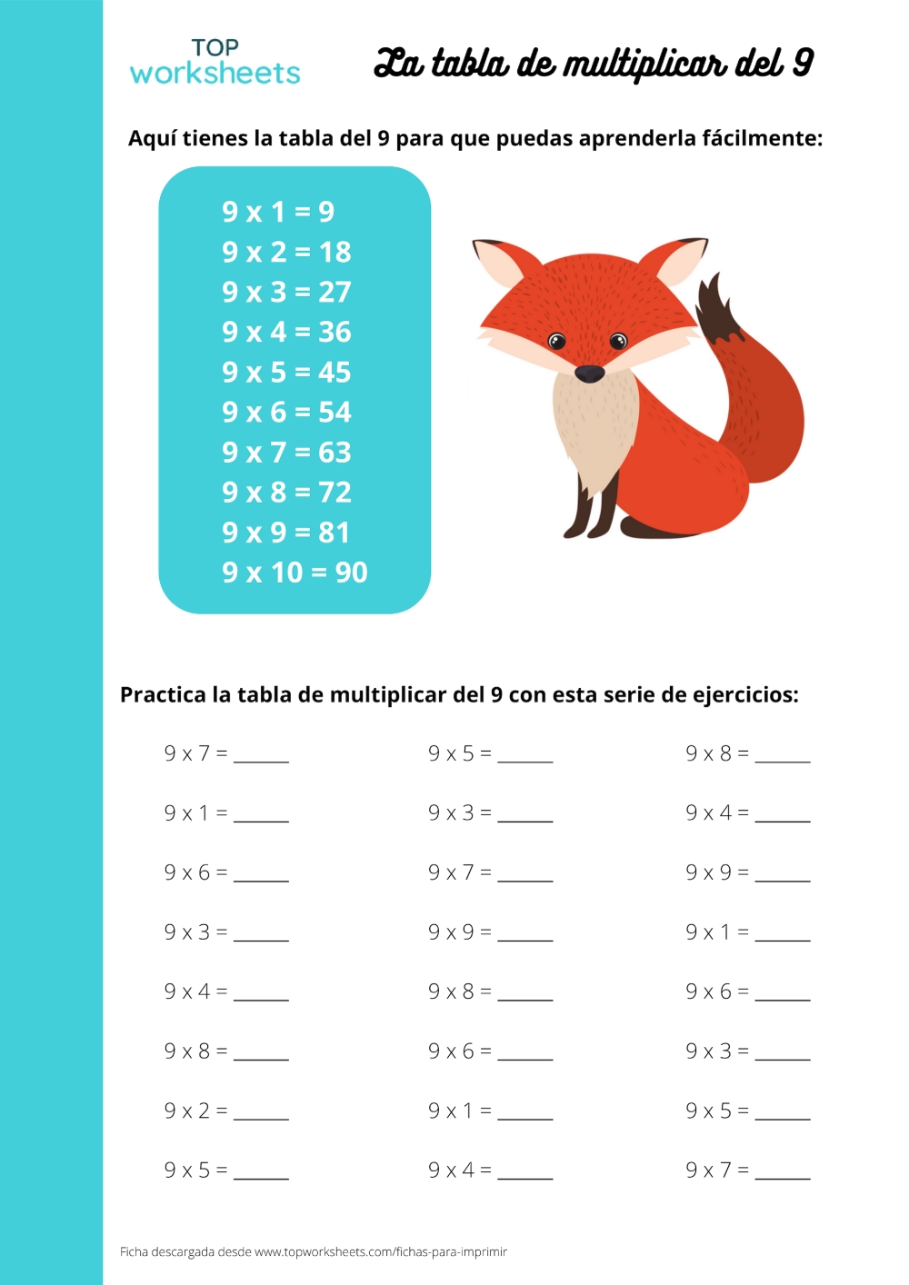 Tabla de multiplicar del 9, ficha para imprimir | TopWorksheets