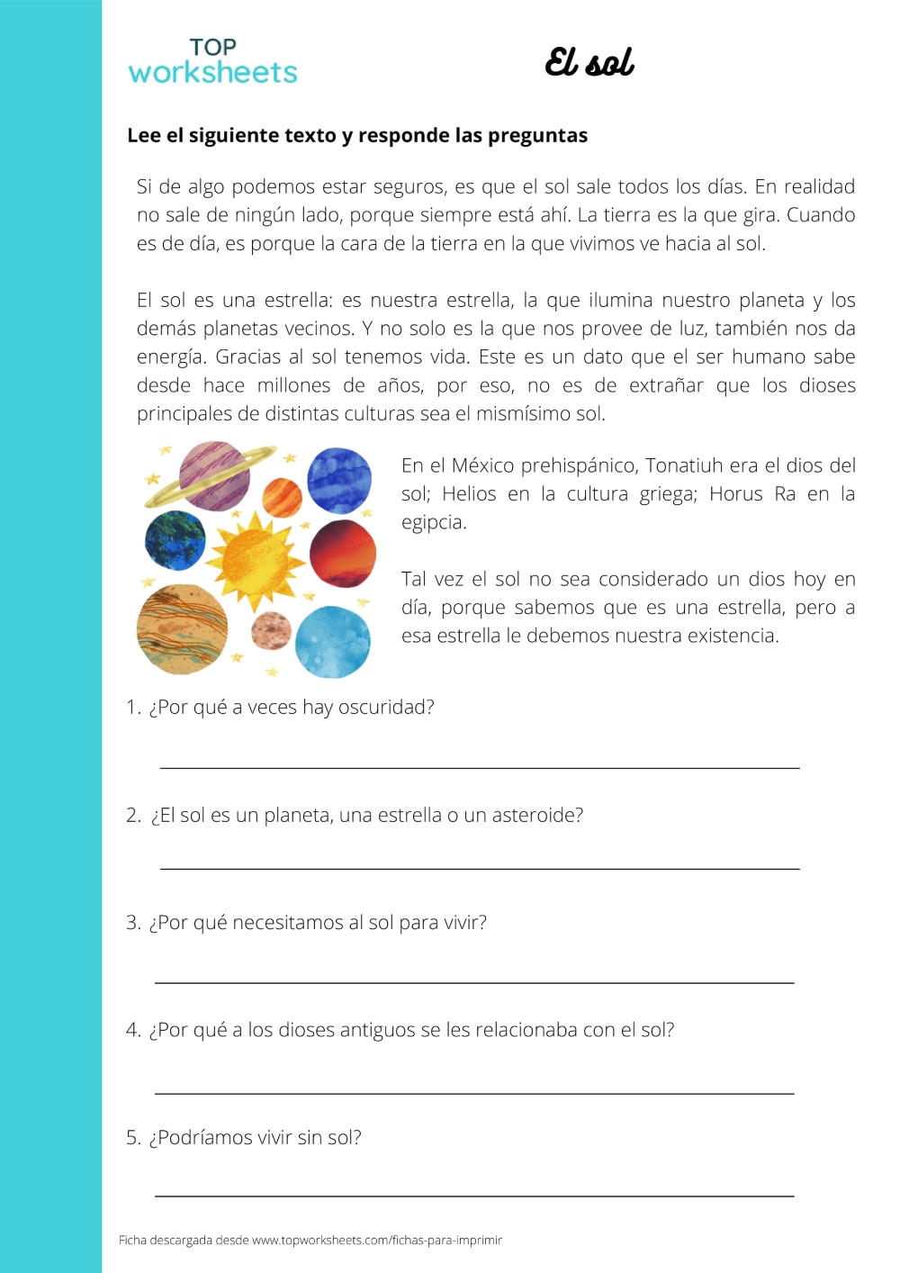 Ficha para imprimir: El sol Página 1 | TopWorksheets