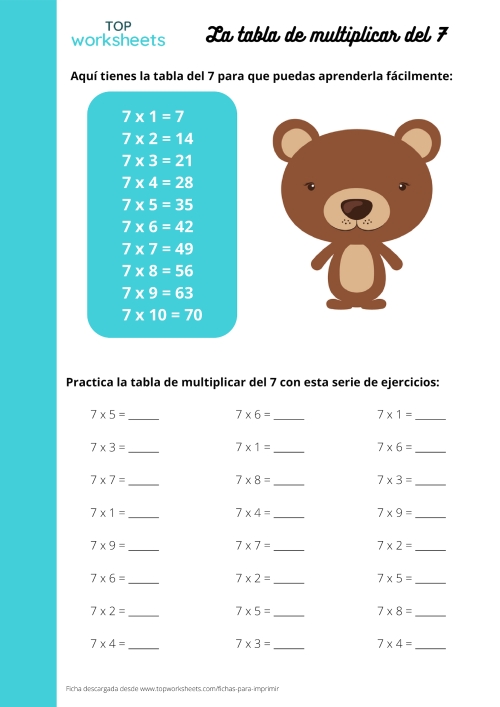 Tabla de multiplicar del 7, printable worksheet | TopWorksheets
