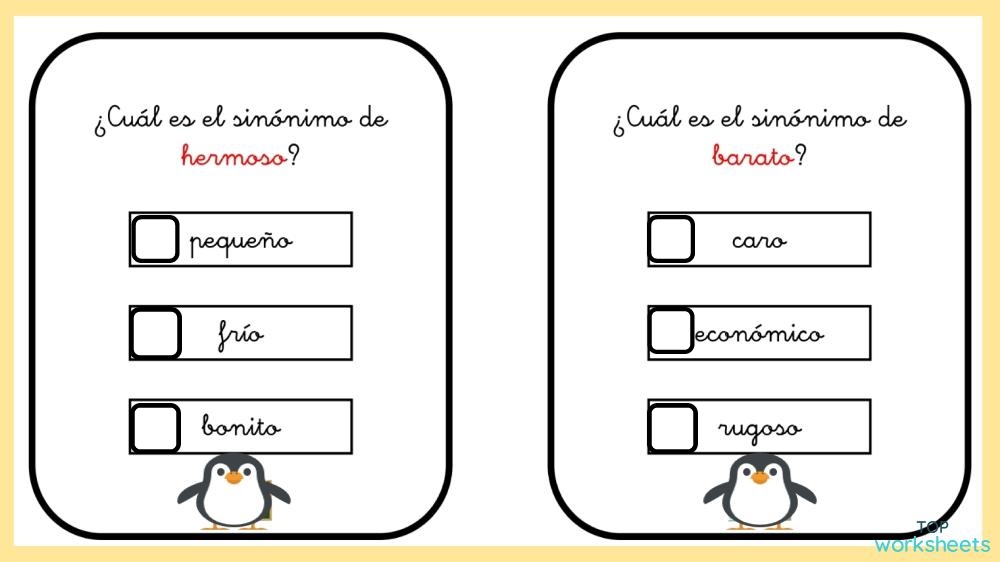 Sinónimos simples, ficha para imprimir | TopWorksheets