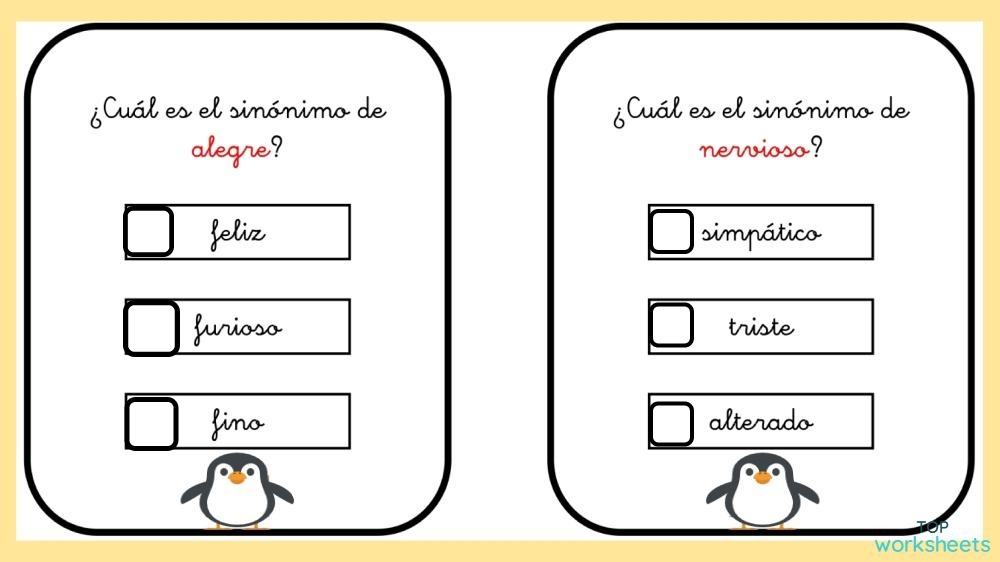 Sinónimos simples, ficha para imprimir | TopWorksheets