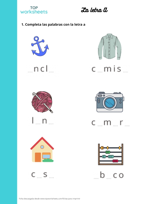 Completa con la a, ficha para imprimir | TopWorksheets